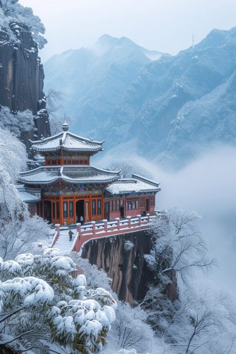Ancient Chinese Architecture Buildings on Snow-Covered Mountains