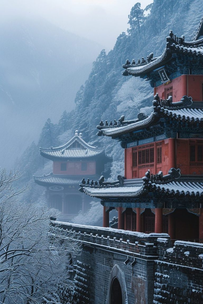 Ancient Chinese Architecture Buildings on Snow-Covered Mountains