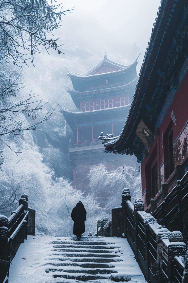 Ancient Chinese Architecture Buildings on Snow-Covered Mountains