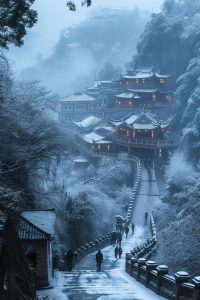 Ancient Chinese Architecture Buildings on Snow-Covered Mountains