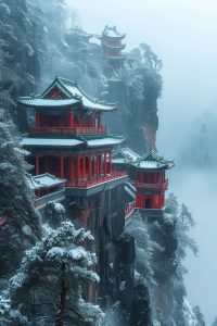 Ancient Chinese Architecture Buildings on Snow-Covered Mountains