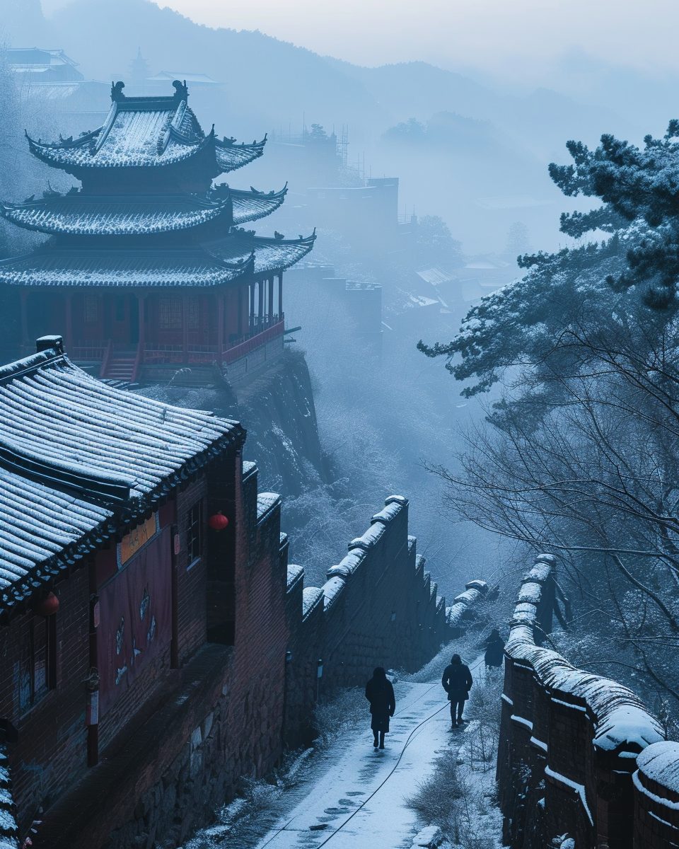 Ancient Chinese Architecture Buildings on Snow-Covered Mountains