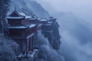 Ancient Chinese Architecture Buildings on Snow-Covered Mountains