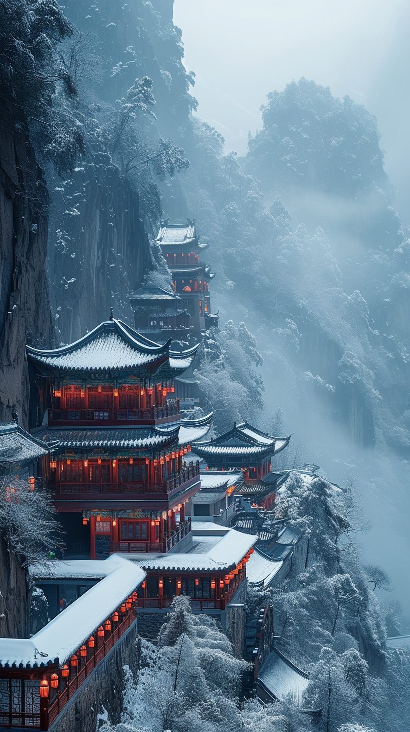 Ancient Chinese Architecture Buildings on Snow-Covered Mountains