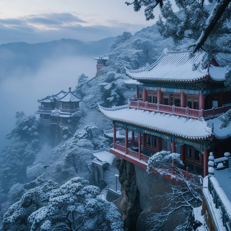 Ancient Chinese Architecture Buildings on Snow-Covered Mountains