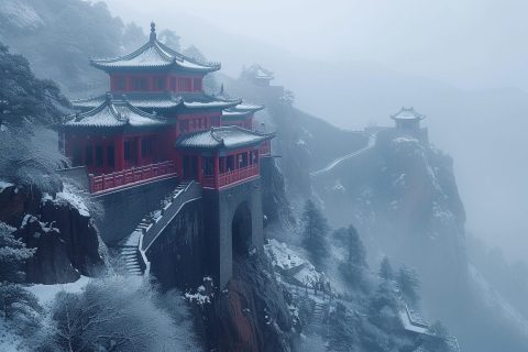 Ancient Chinese Architecture Buildings on Snow-Covered Mountains
