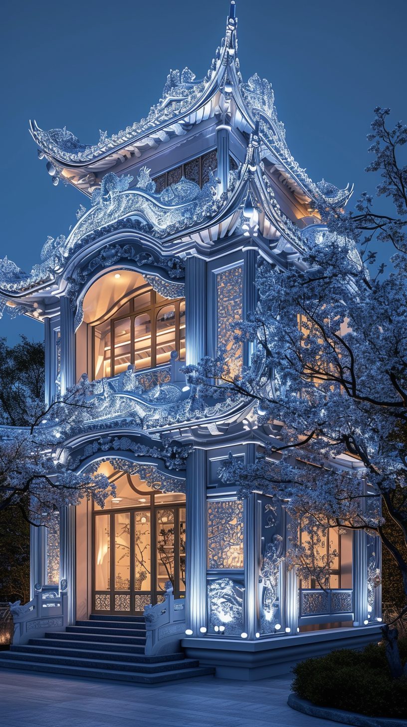 Blue and White Neon Traditional Chinese-Style House