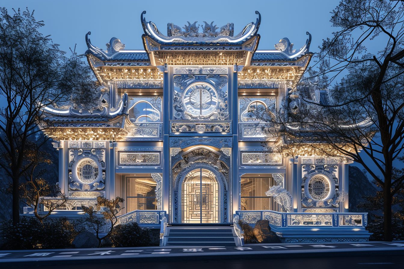 Blue and White Neon Traditional Chinese-Style House