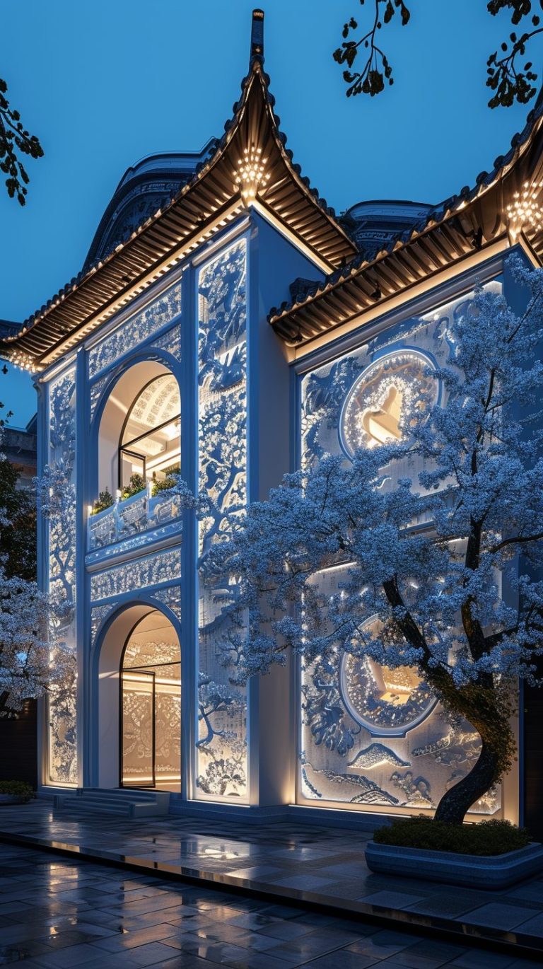 Blue and White Neon Traditional Chinese-Style House