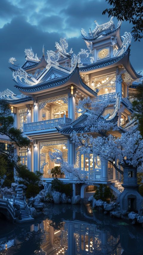 Blue and White Neon Traditional Chinese-Style House