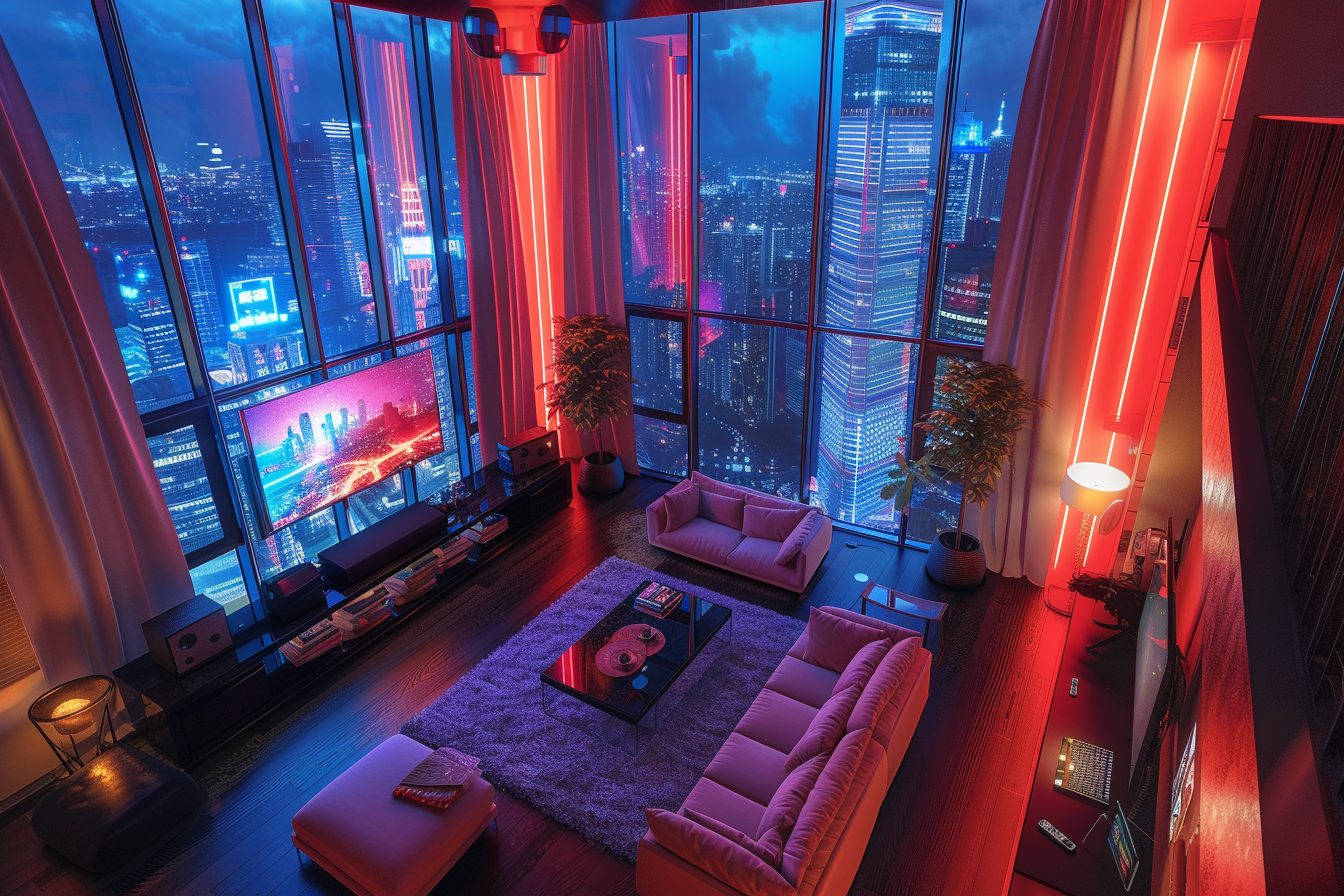 Cyberpunk High-Ceiling Apartment Interior with a Cityscape View