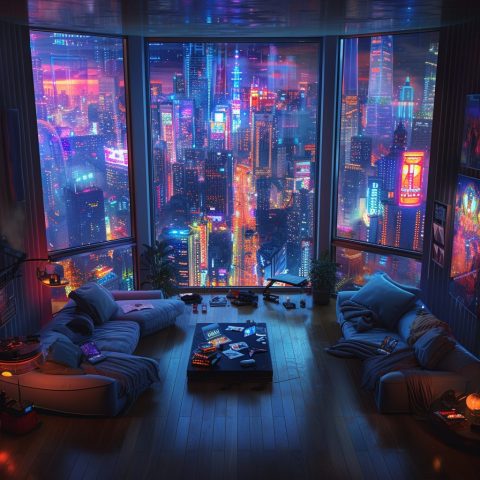 Cyberpunk High-Ceiling Apartment Interior with a Cityscape View