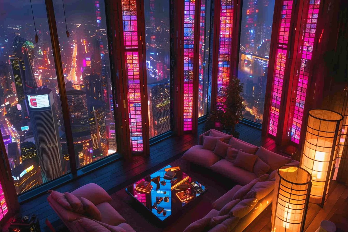 Cyberpunk High-Ceiling Apartment Interior with a Cityscape View