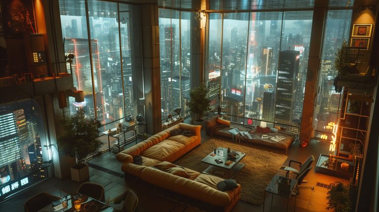 Cyberpunk High-Ceiling Apartment Interior with a Cityscape View