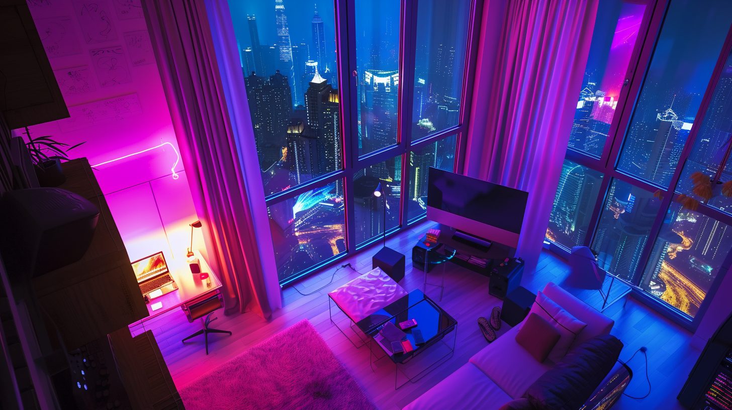 Cyberpunk High-Ceiling Apartment Interior with a Cityscape View