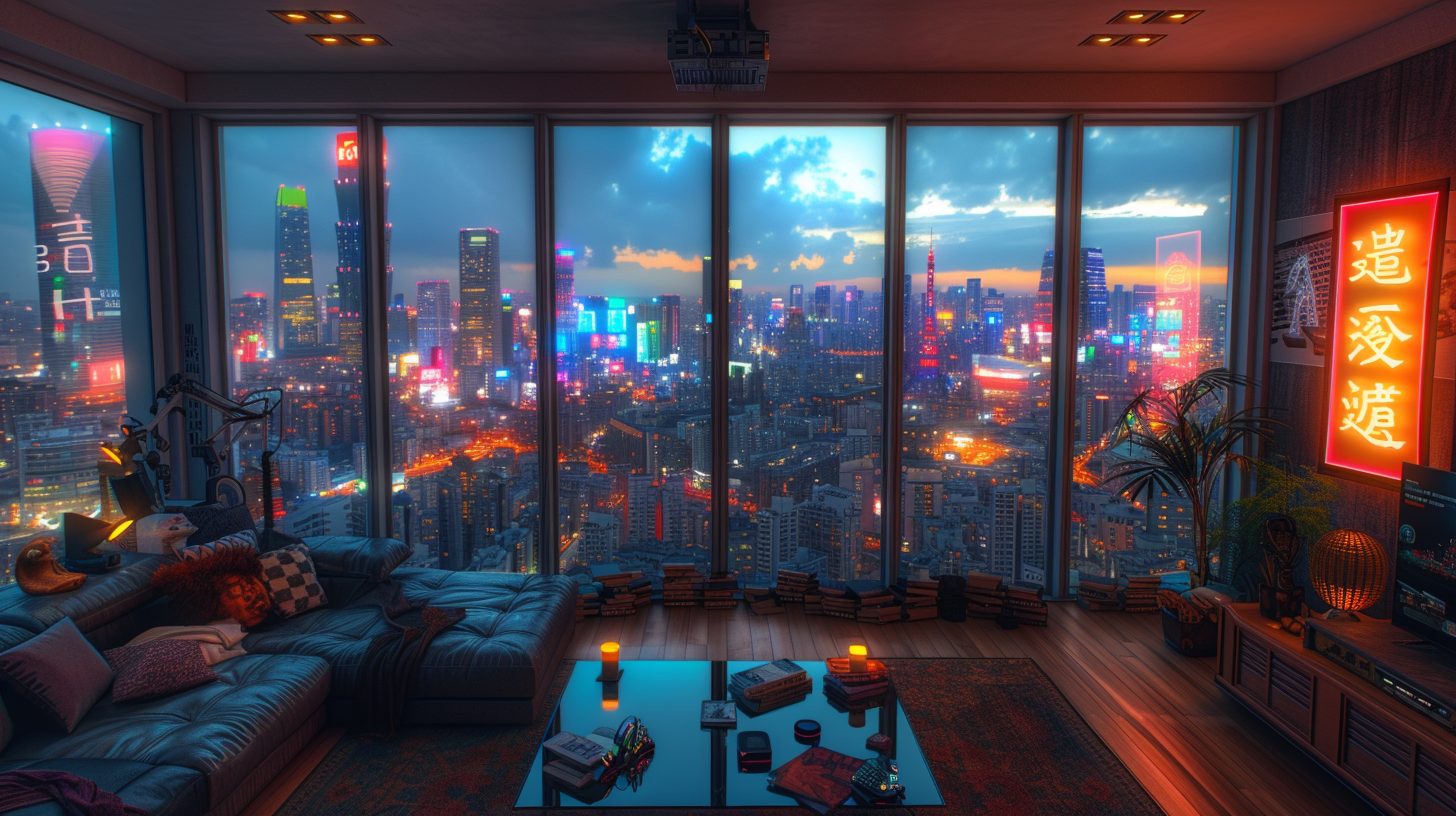 Cyberpunk High-Ceiling Apartment Interior with a Cityscape View