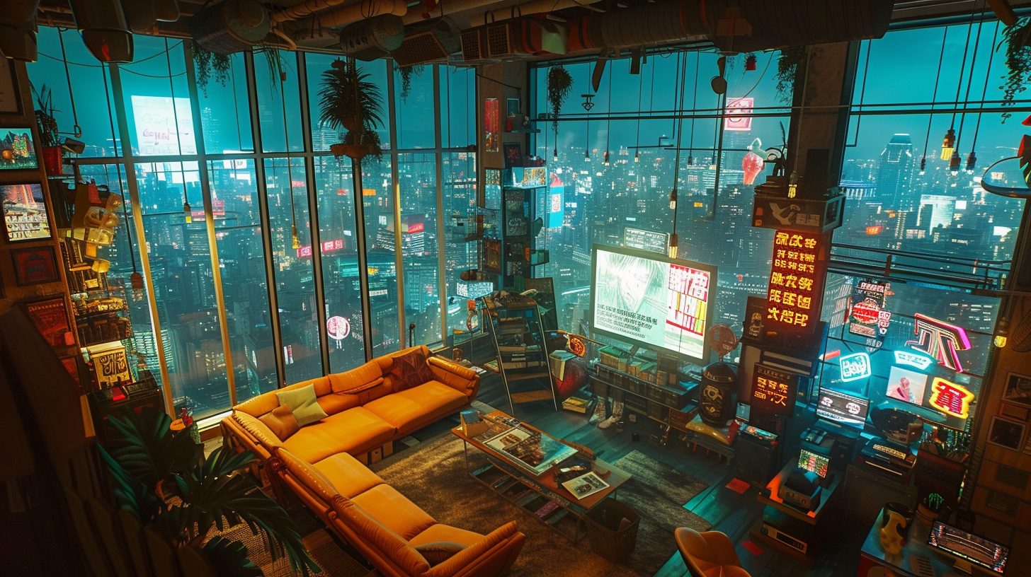 Cyberpunk High-Ceiling Apartment Interior with a Cityscape View