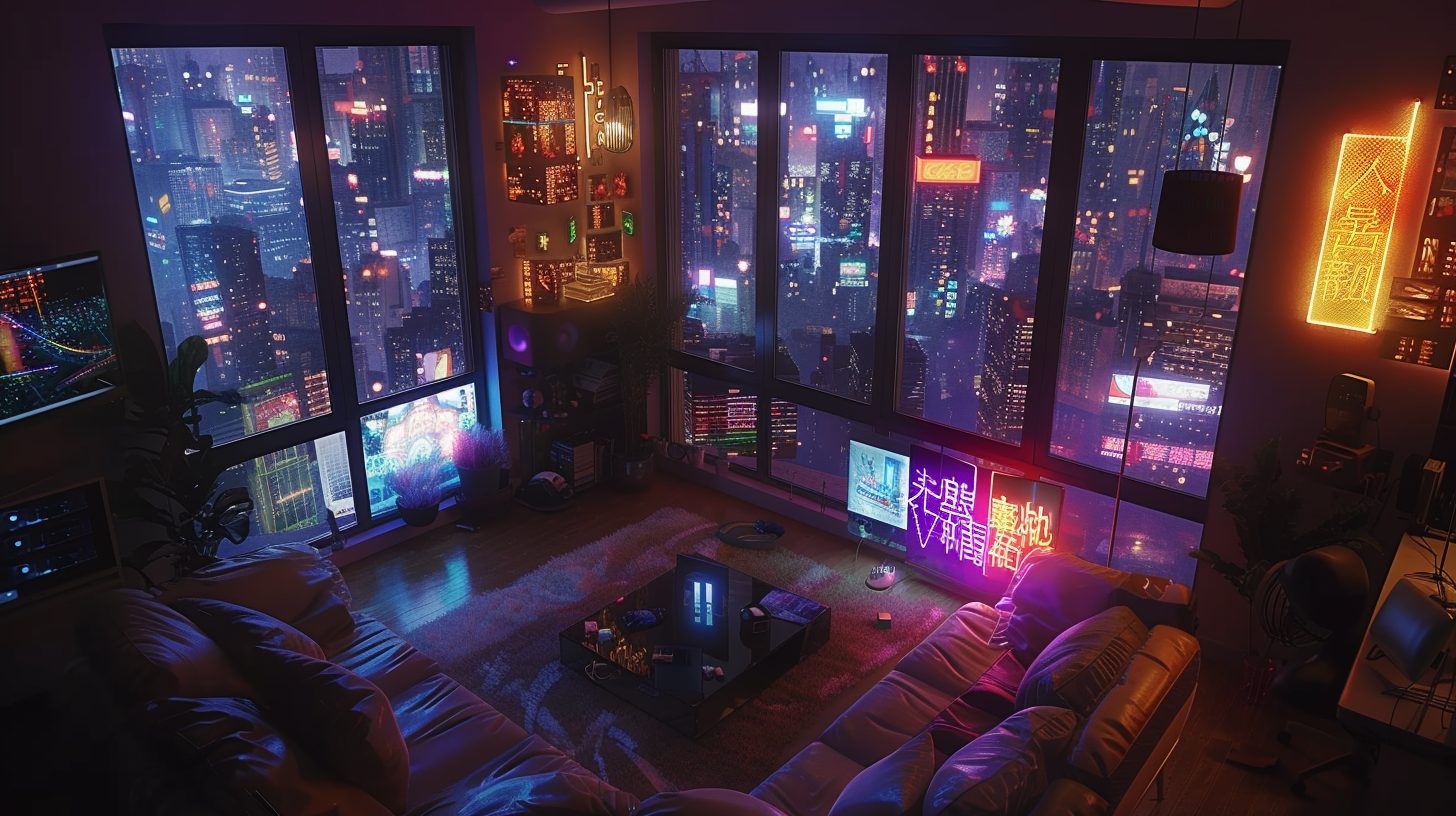 Cyberpunk High-Ceiling Apartment Interior with a Cityscape View