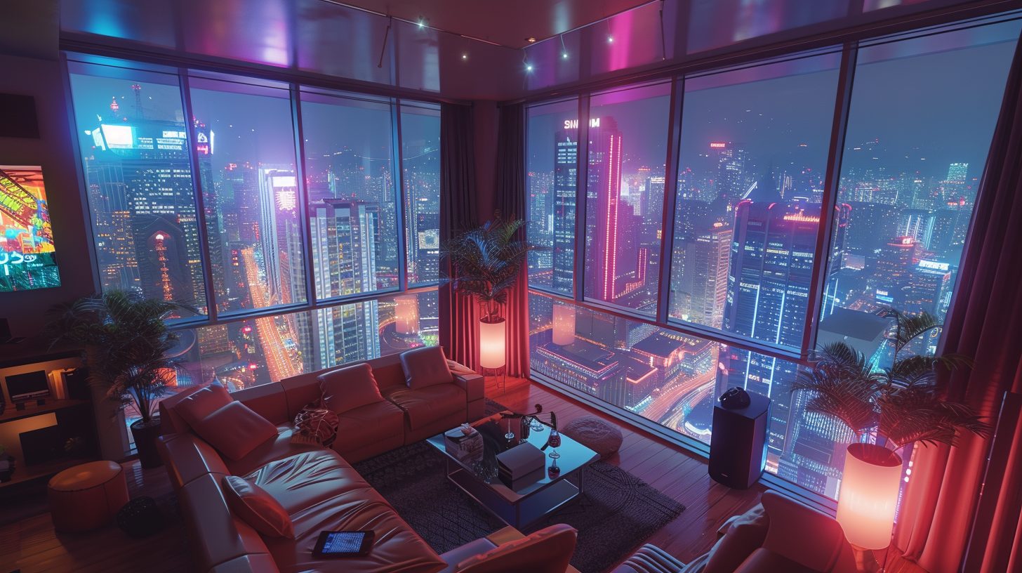 Cyberpunk High-Ceiling Apartment Interior with a Cityscape View