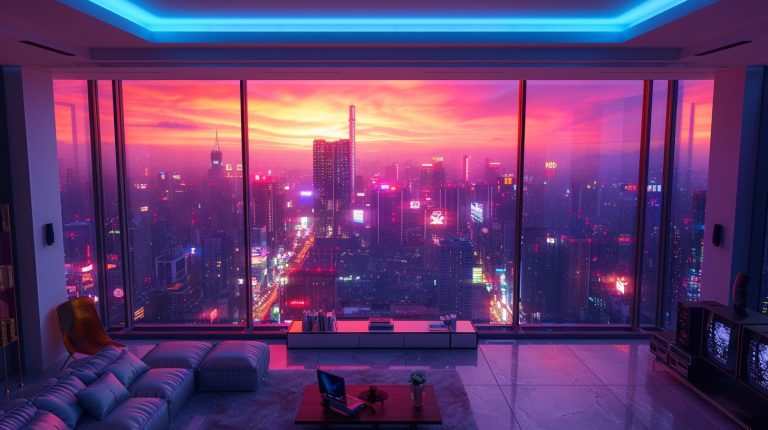 Cyberpunk High-Ceiling Apartment Interior with a Cityscape View