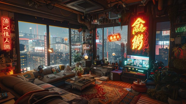 Cyberpunk High-Ceiling Apartment Interior with a Cityscape View