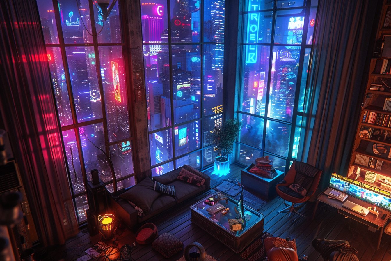Cyberpunk High-Ceiling Apartment Interior with a Cityscape View