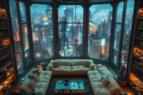 Cyberpunk High-Ceiling Apartment Interior with a Cityscape View