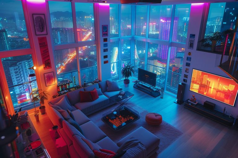 Cyberpunk High-Ceiling Apartment Interior with a Cityscape View
