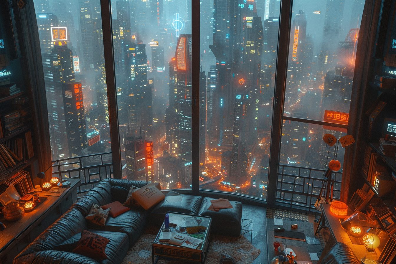 Cyberpunk High-Ceiling Apartment Interior with a Cityscape View