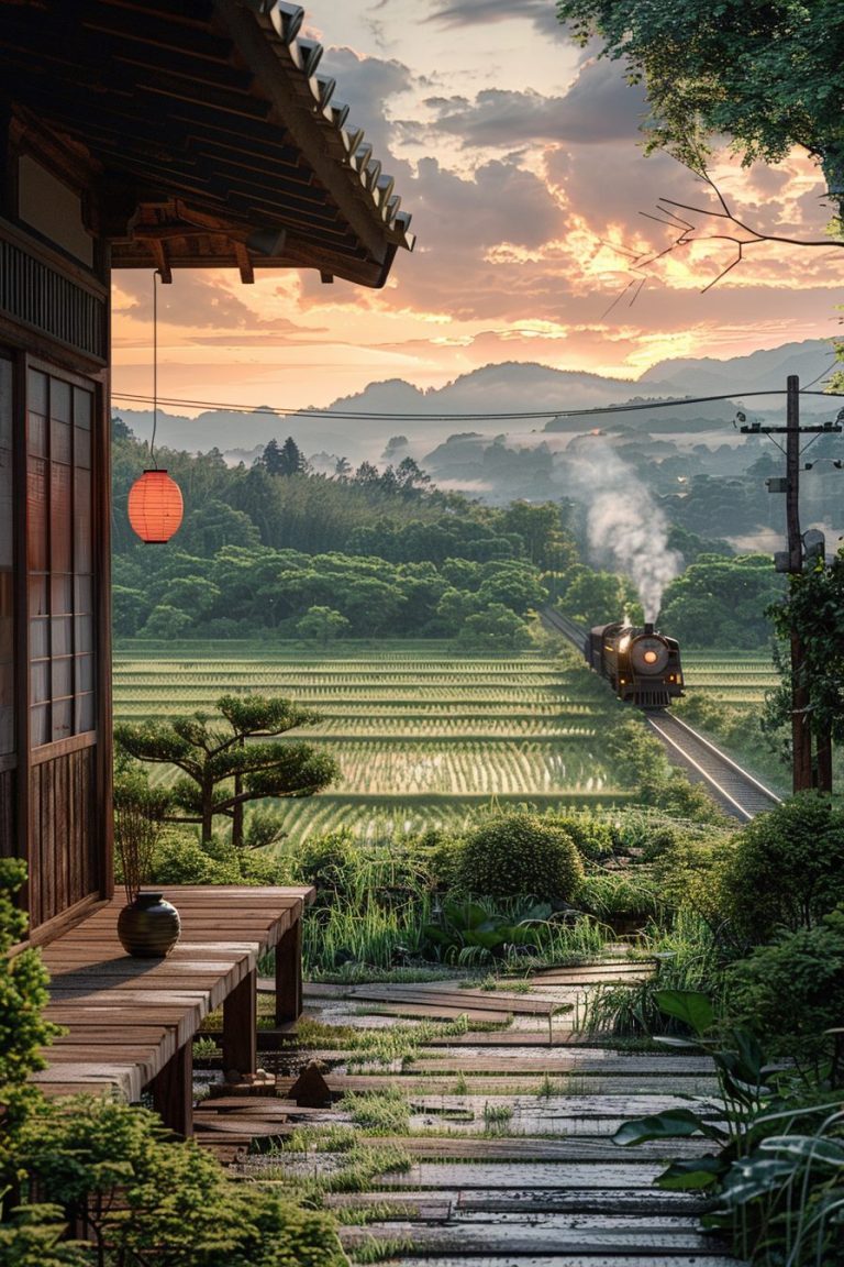 Traditional Japanese Homes with Rural Landscape Views