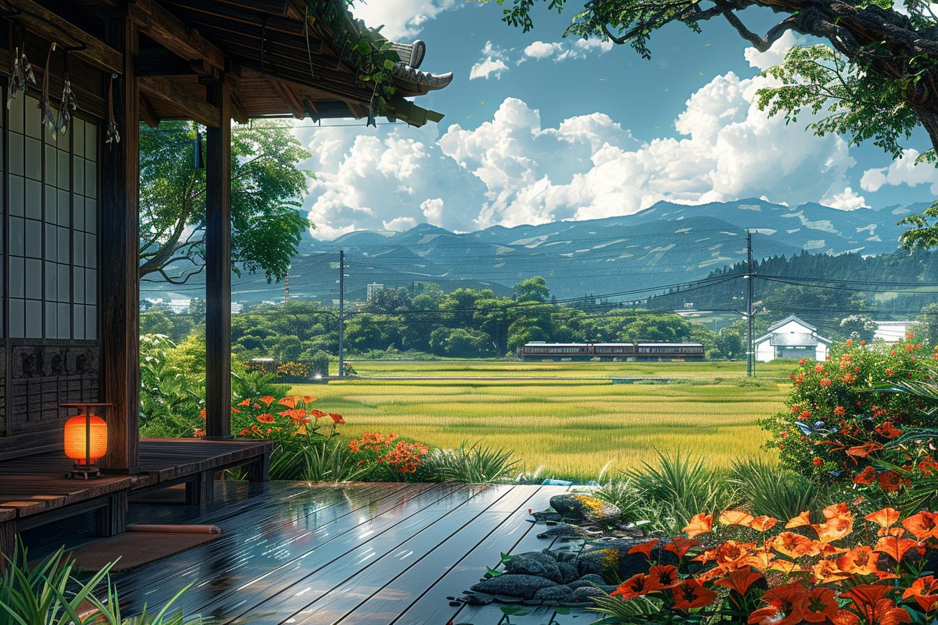 Traditional Japanese Homes with Rural Landscape Views