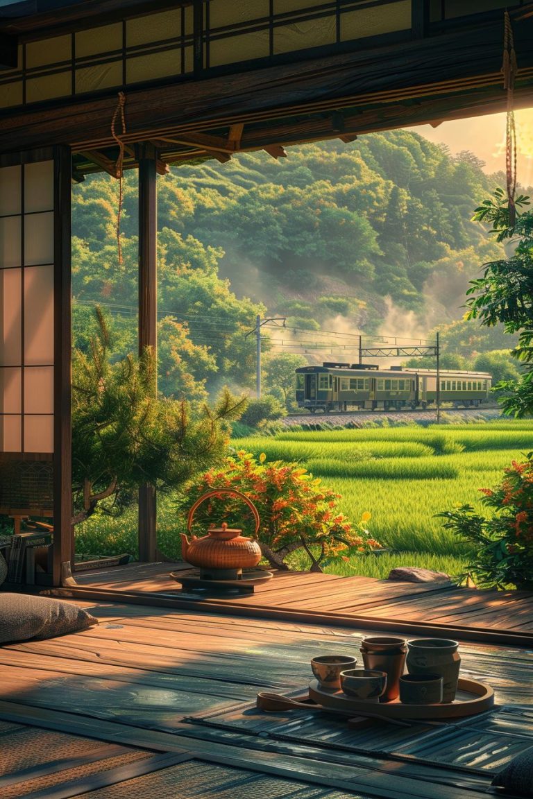 Traditional Japanese Homes with Rural Landscape Views