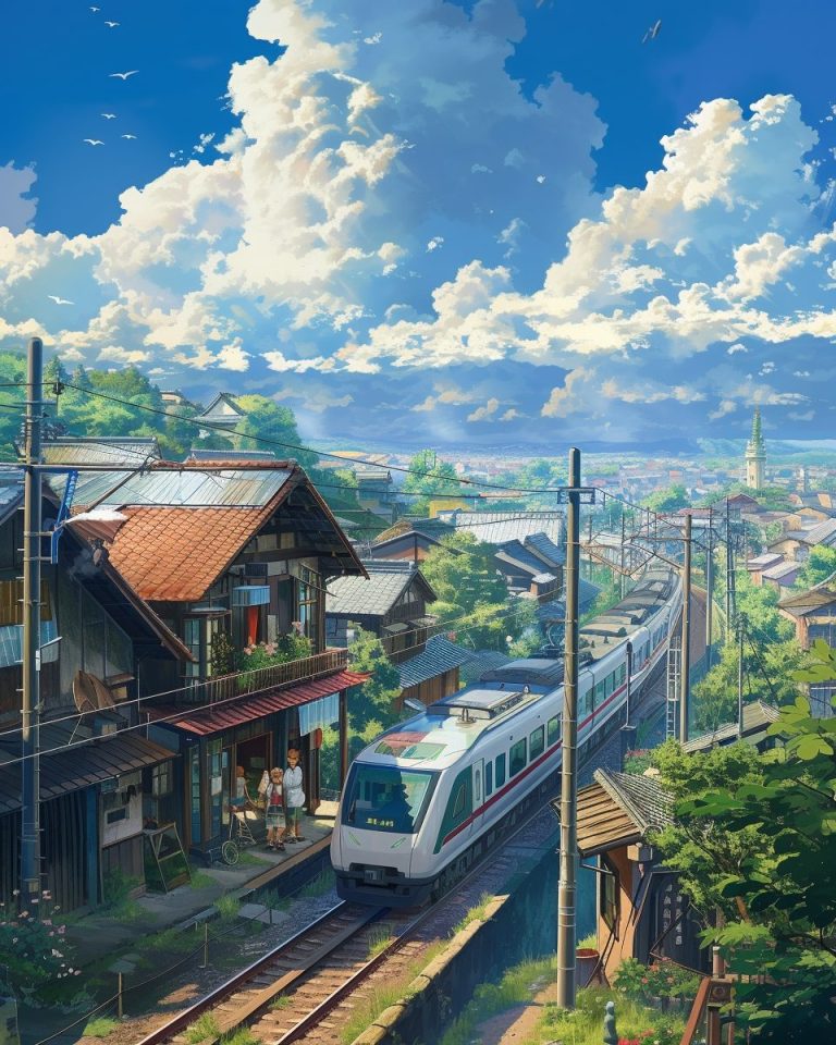 Train Going Through A Japanese Village