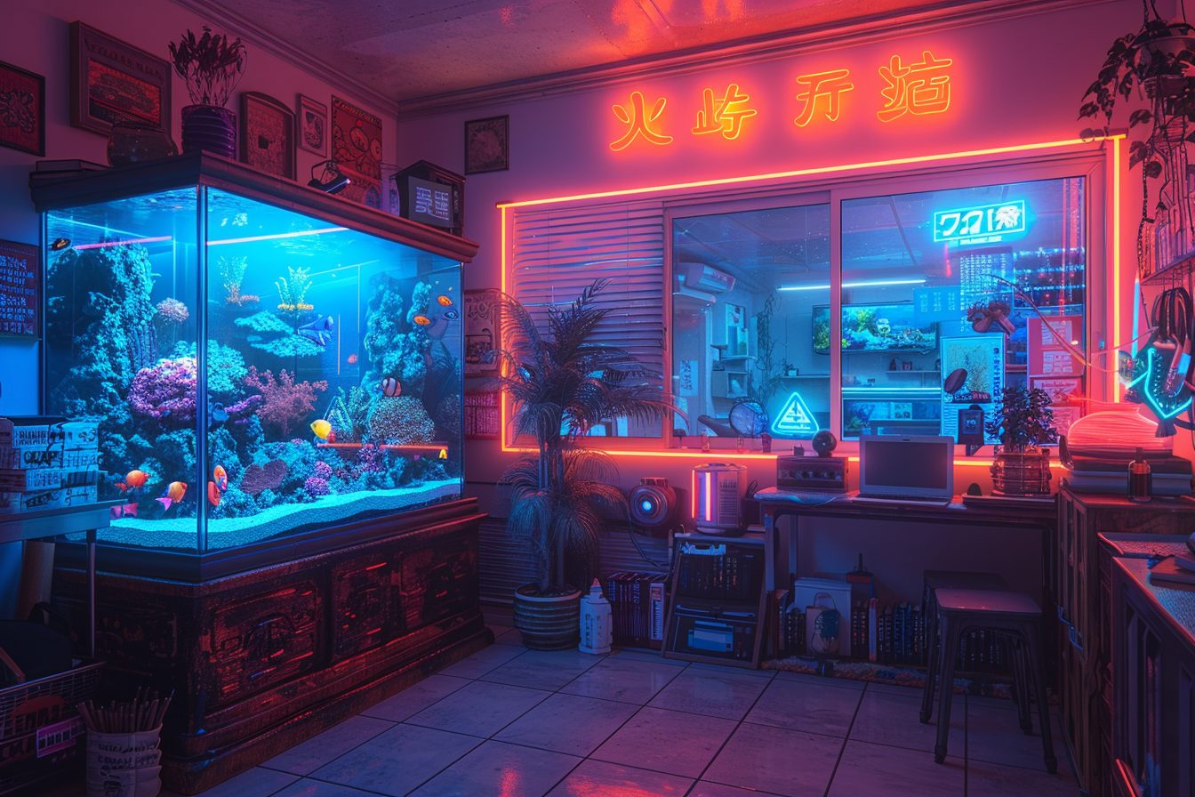 Cyberpunk Apartment Interior with a Neon Aquarium