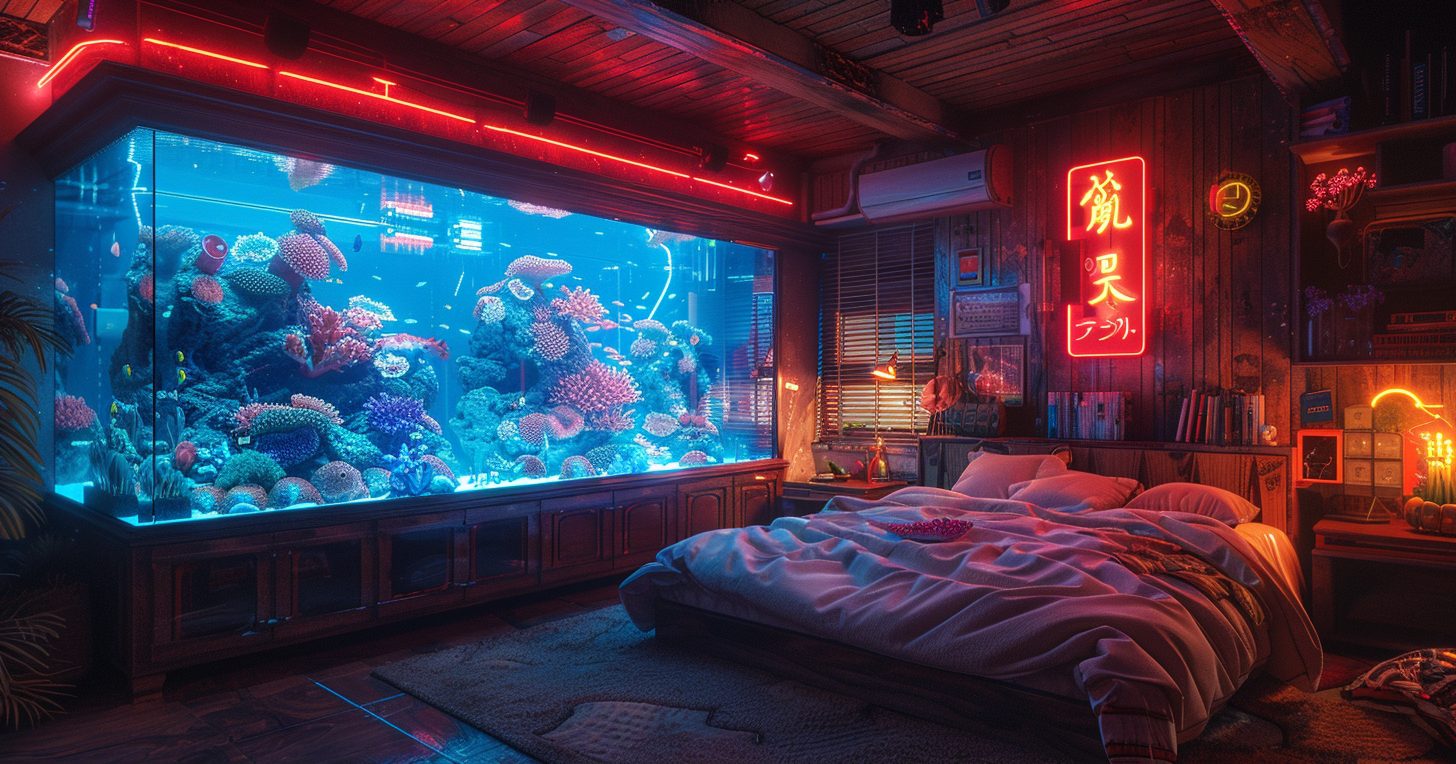 Cyberpunk Apartment Interior with a Neon Aquarium