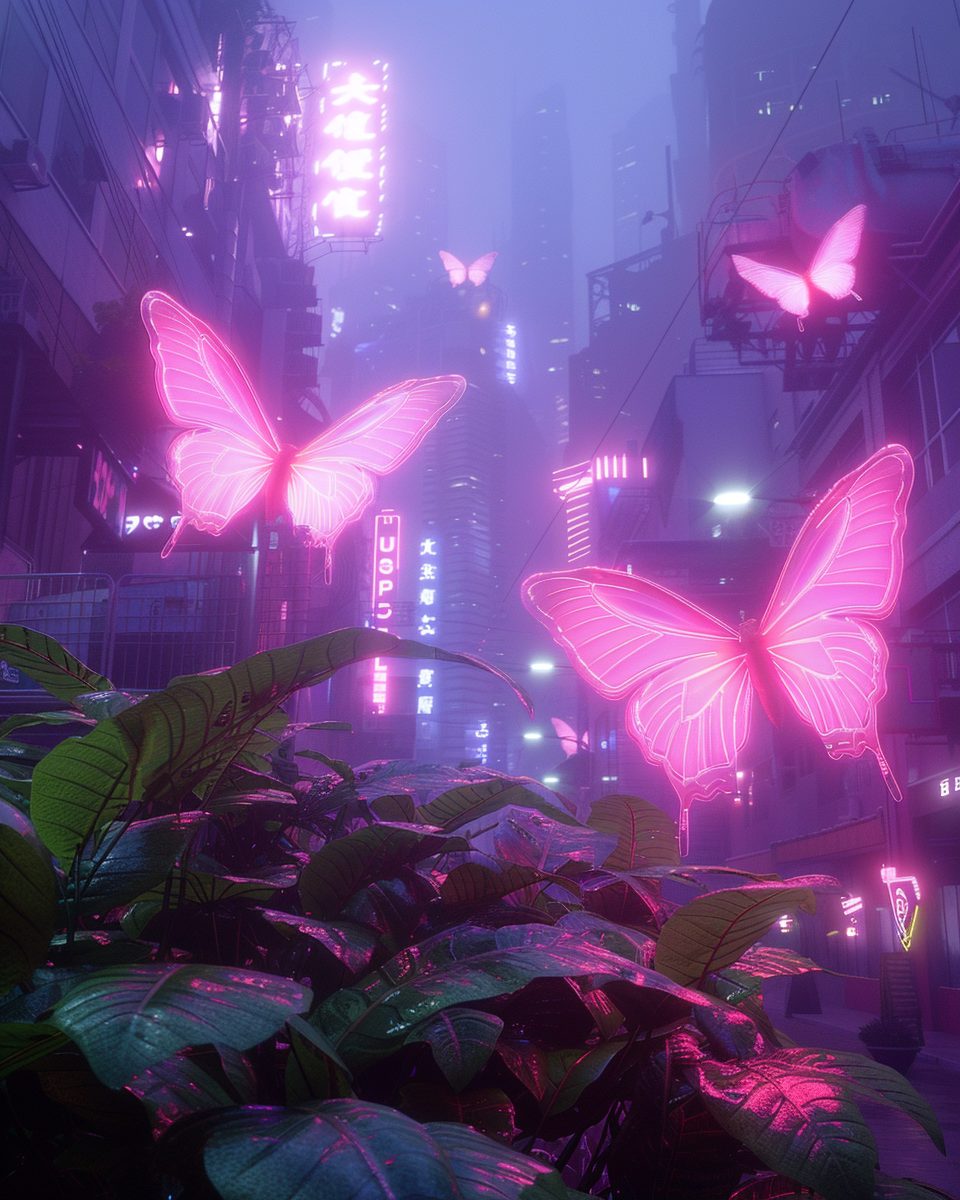 Cyberpunk City Neon Butterfly Gardens