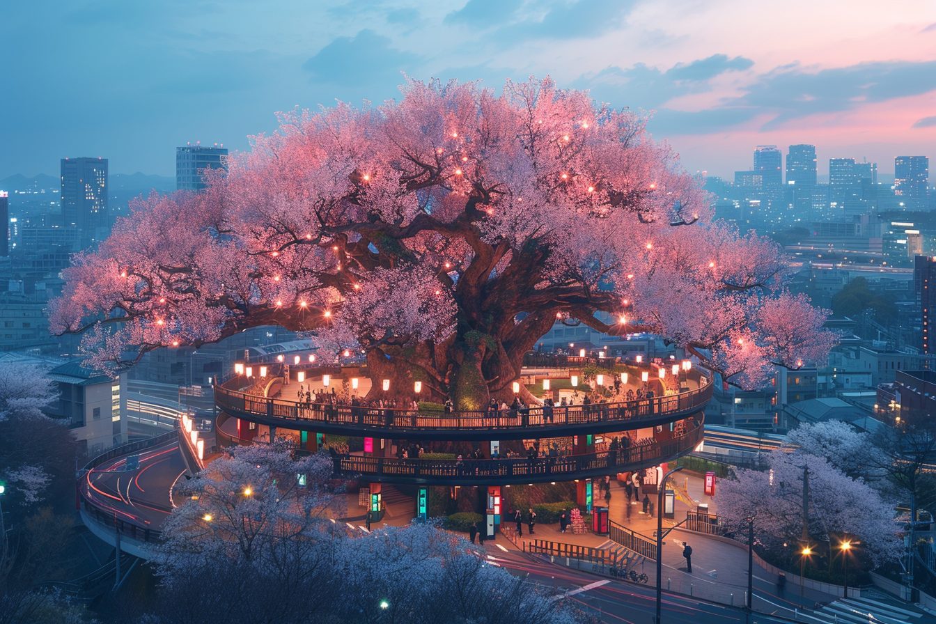 Gigantic Cherry Blossom Tree in a City of Japan