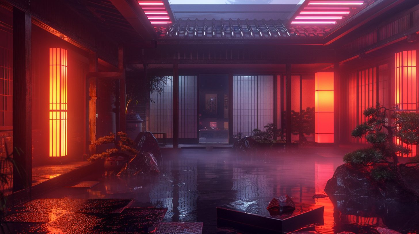 Japanese Architectural Style with Red and Orange Neon Lights