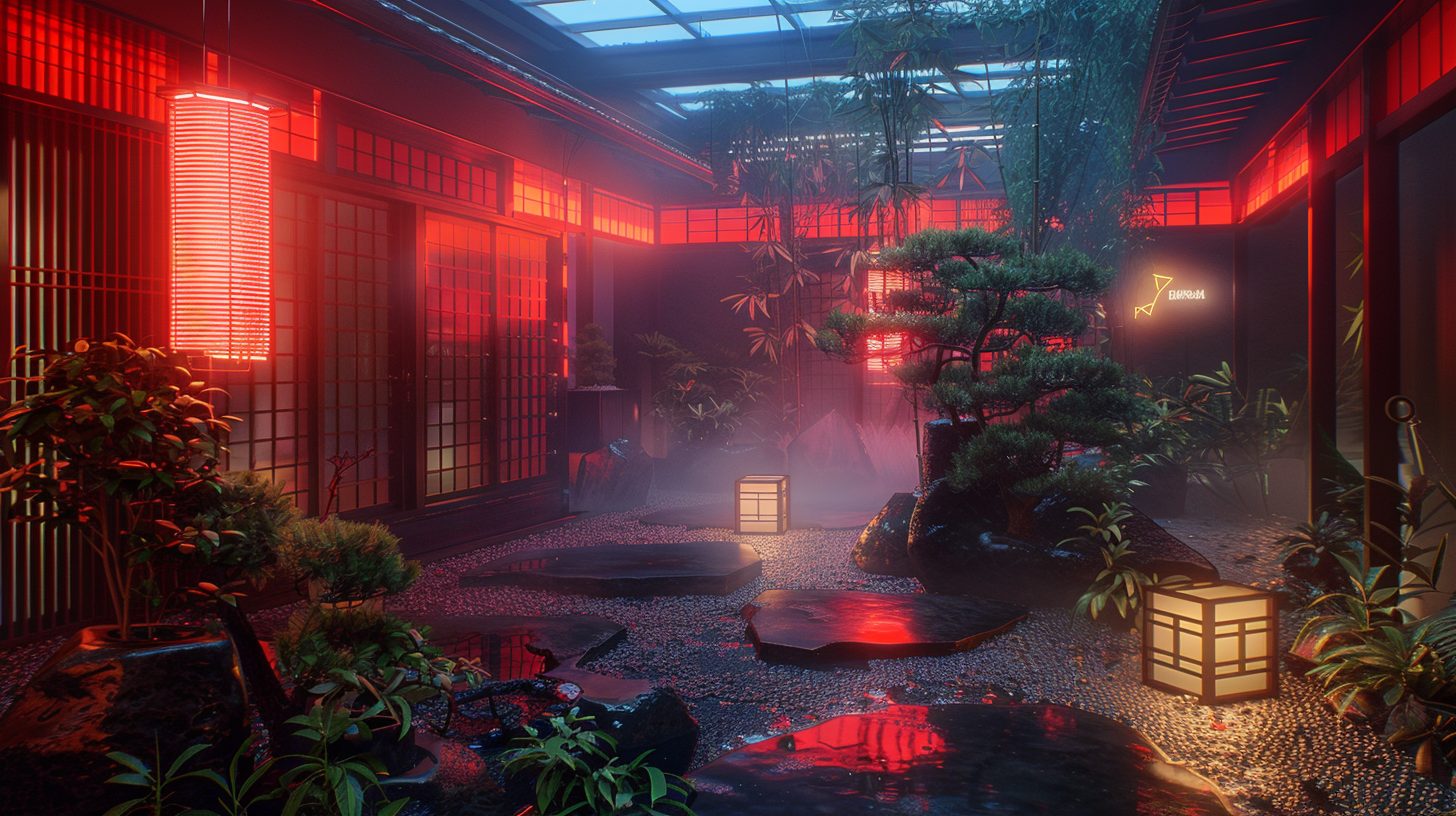 Japanese Architectural Style with Red and Orange Neon Lights
