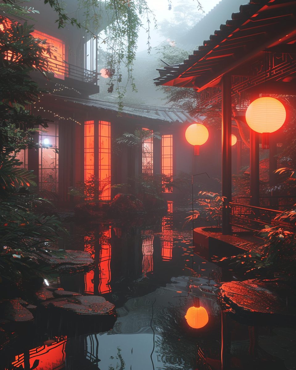 Japanese Architectural Style with Red and Orange Neon Lights