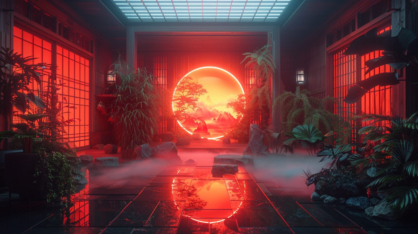 Japanese Architectural Style with Red and Orange Neon Lights
