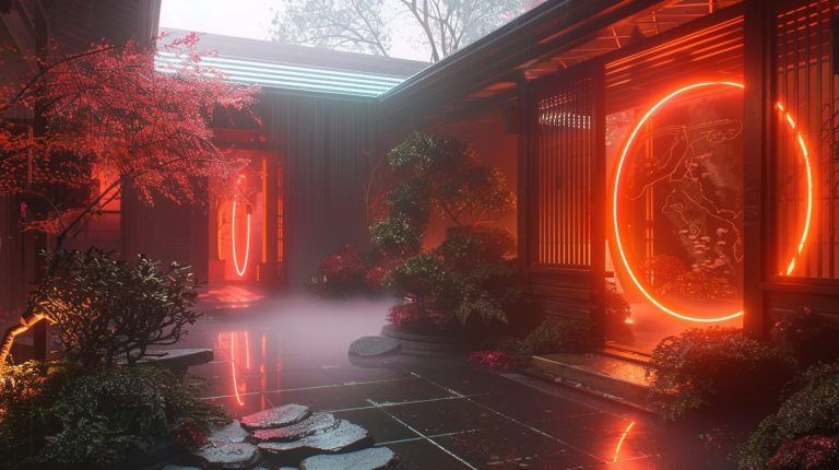 Japanese Architectural Style with Red and Orange Neon Lights
