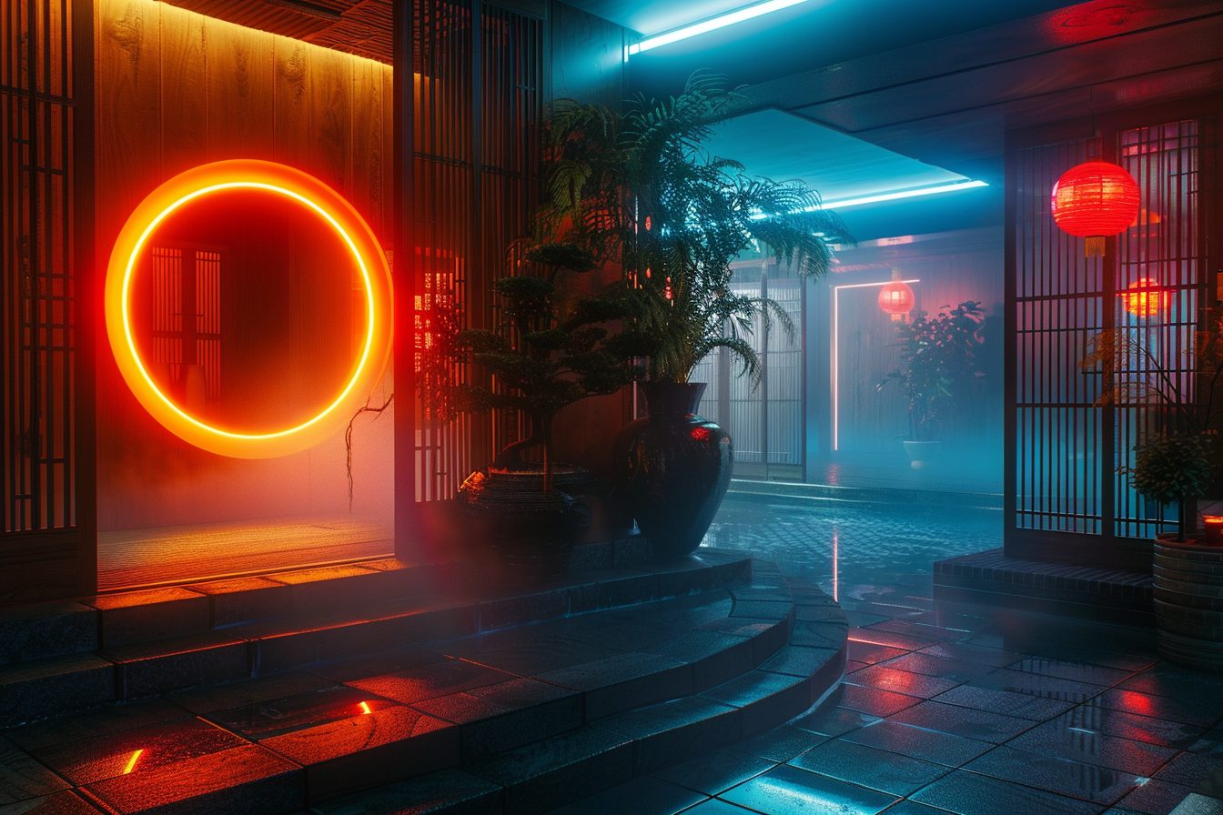 Japanese Architectural Style with Red and Orange Neon Lights