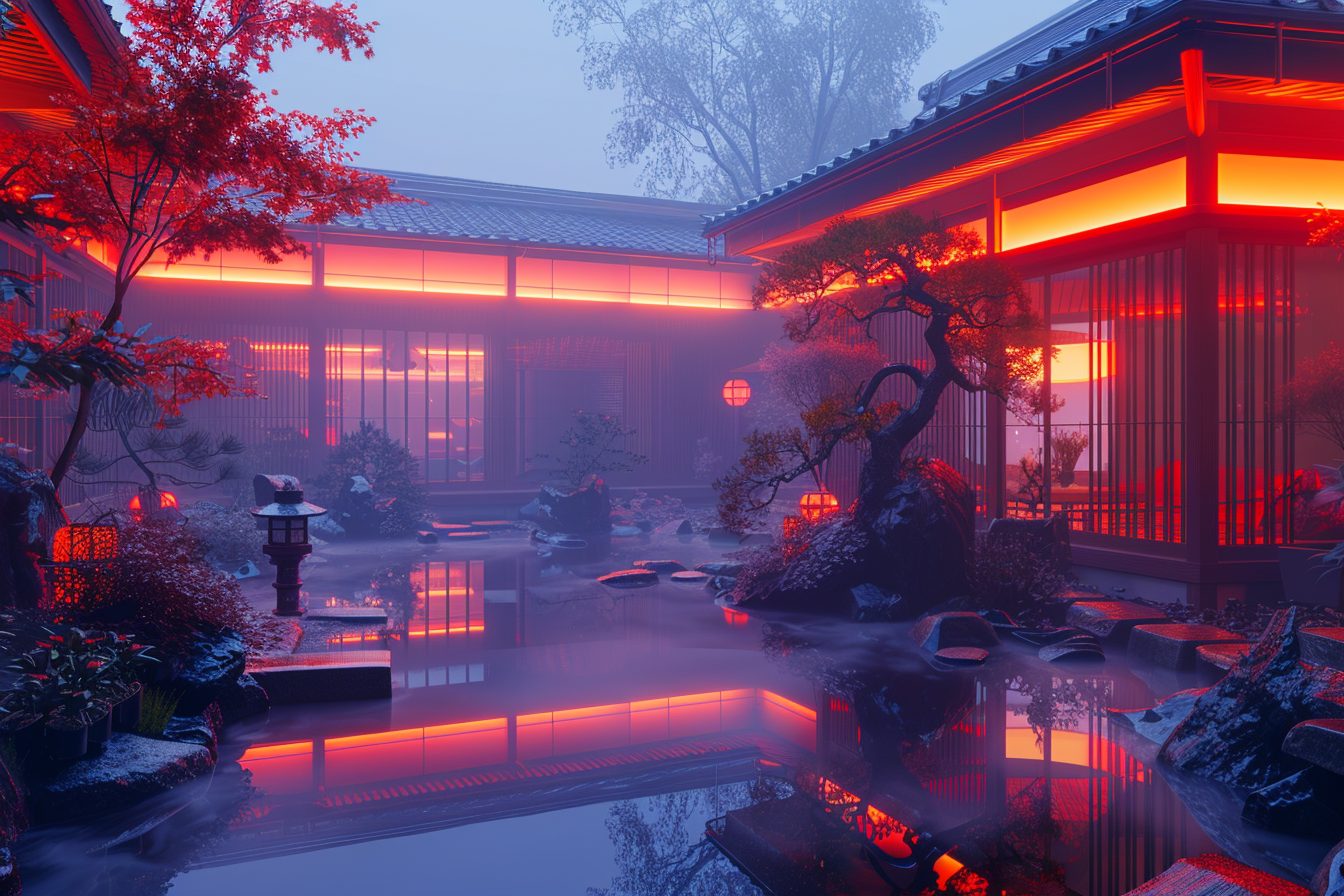 Japanese Architectural Style with Red and Orange Neon Lights