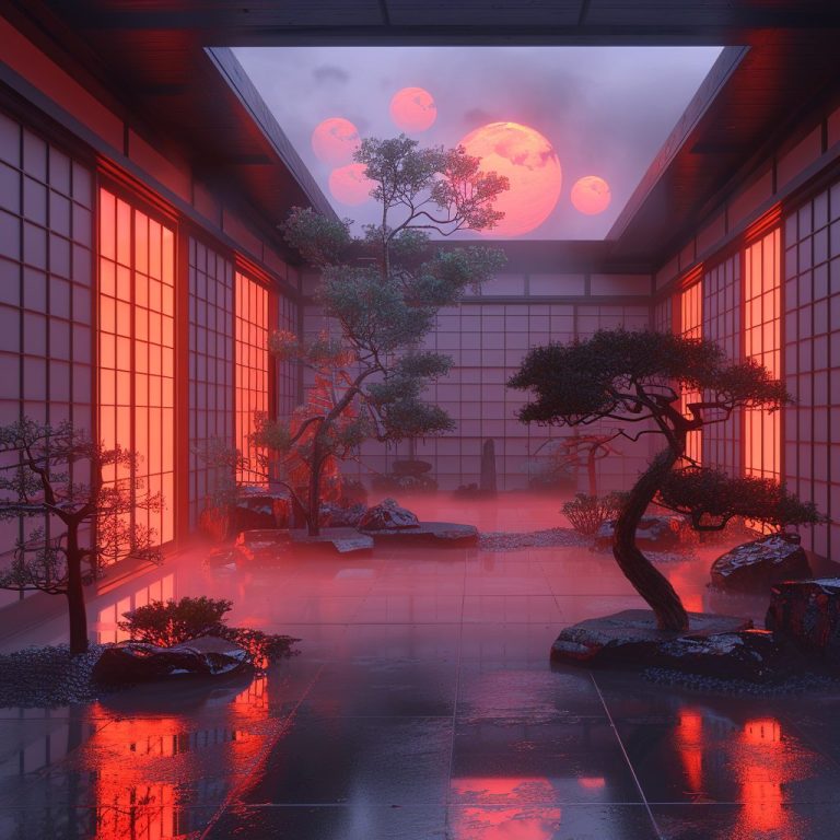 Japanese Architectural Style with Red and Orange Neon Lights