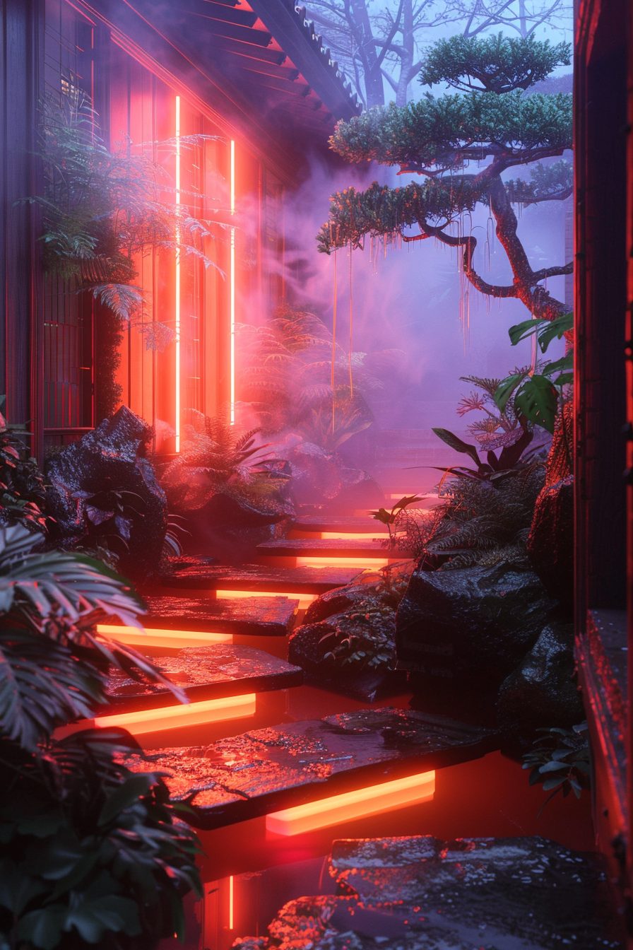 Japanese Architectural Style with Red and Orange Neon Lights
