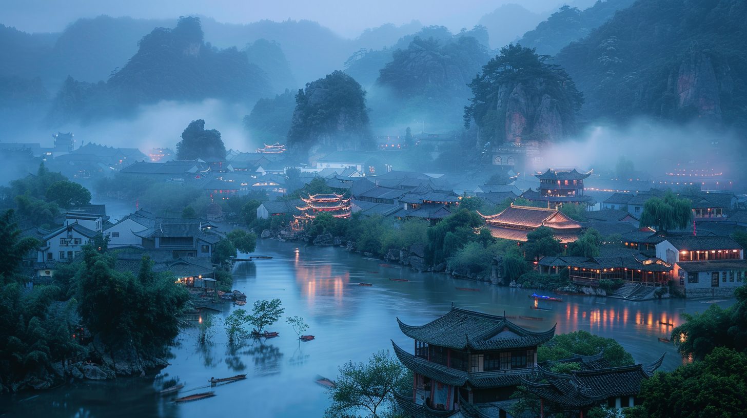 Misty Chinese Village – Aerial View