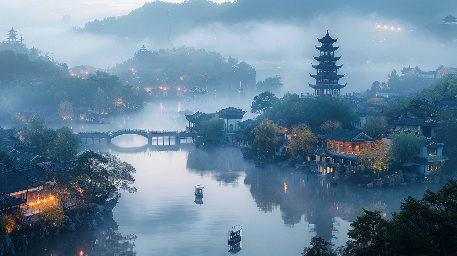 Misty Chinese Village – Aerial View