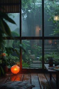 Rainy Garden View from Inside a Traditional Japanese House
