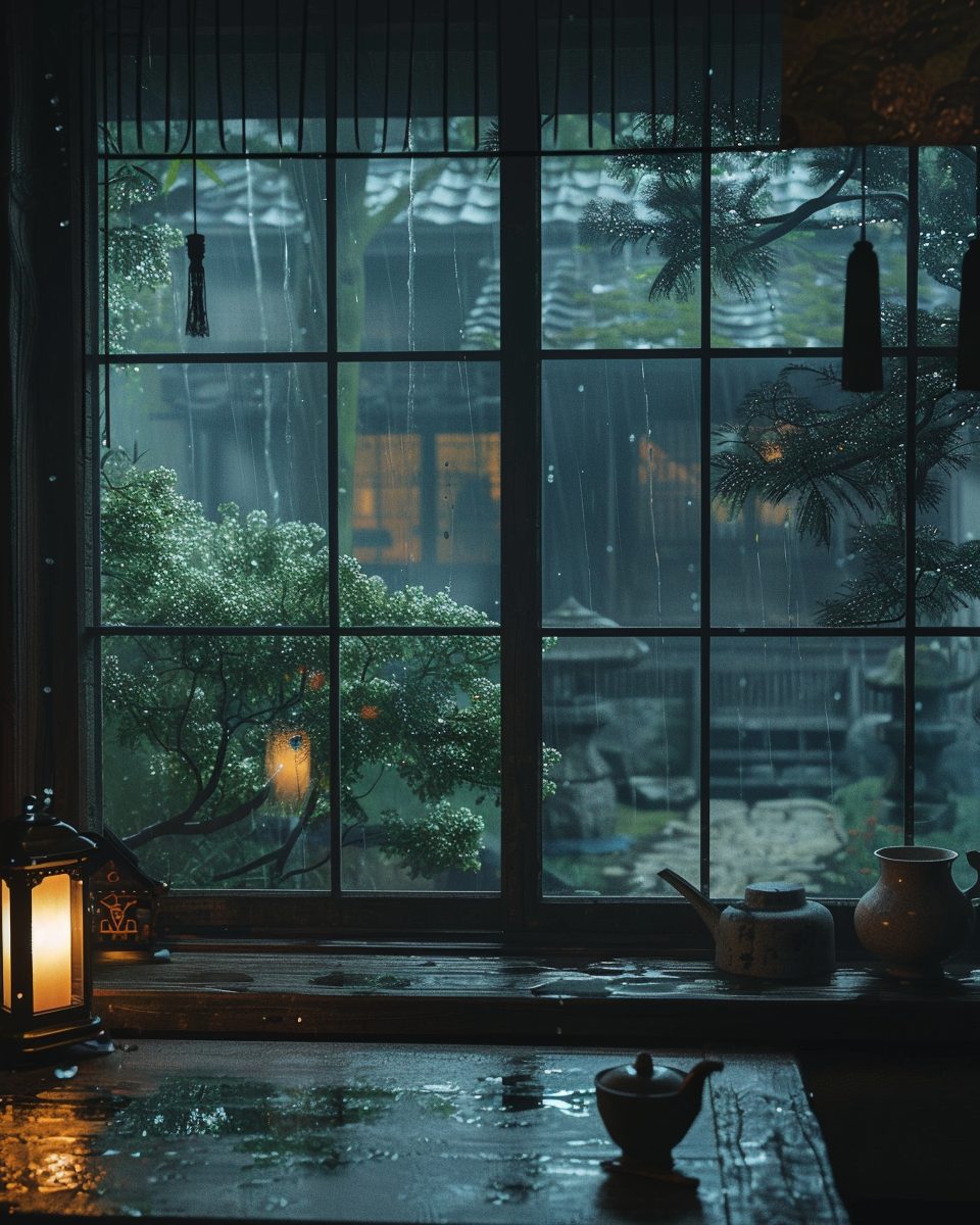 Rainy Garden View from Inside a Traditional Japanese House
